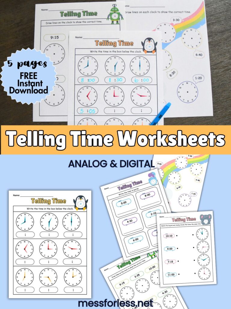 Telling Time Worksheets - Mess for Less